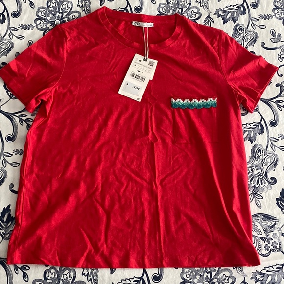 Zara | Tops | Nwt Zara Basic T Shirt With Crochet Design Pocket Sz M | Poshmark